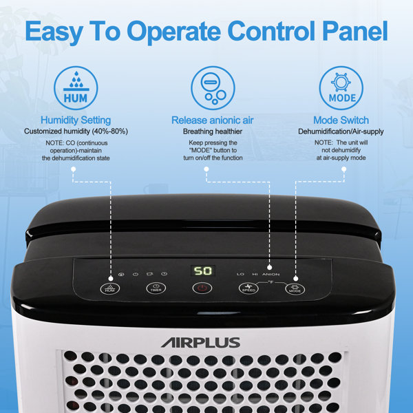 AIRPLUS 2000 Sq. Ft 50 Pints Dehumidifier with Tank and Drain Hose for Home Office Living Room ...